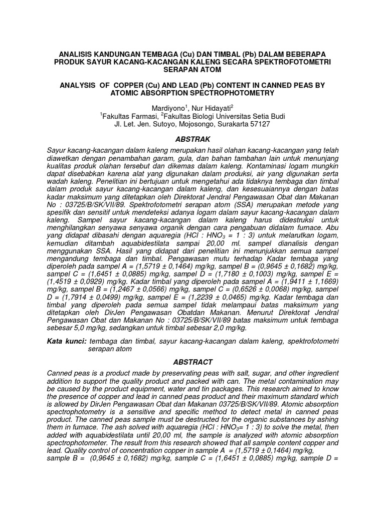 ANALISIS KANDUNGAN TEMBAGA (Cu) DAN TIMBAL (PB) DALAM BEBERAPA PRODUK ...