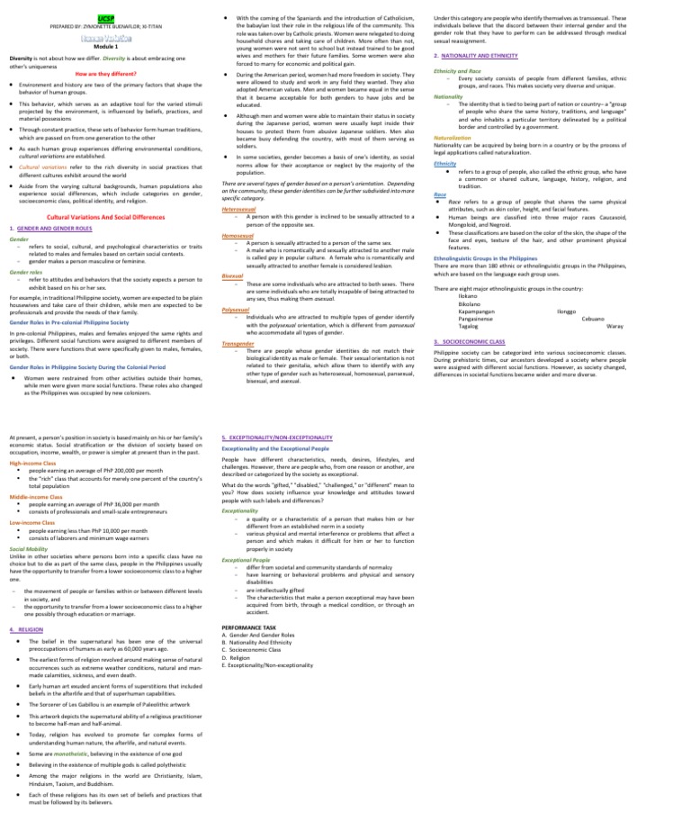 UCSP Notes 3rd Grading Grade 11 | PDF | Gender | Gender Studies