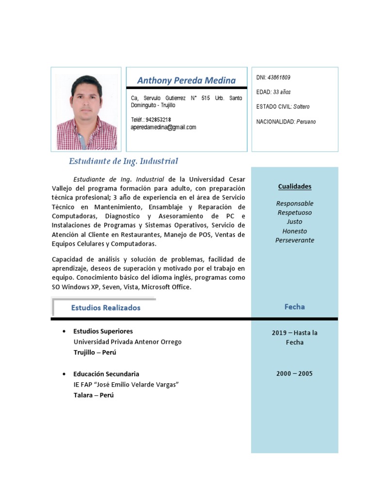CV - Anthony Pereda Medina | PDF | Microsoft Windows | Microsoft