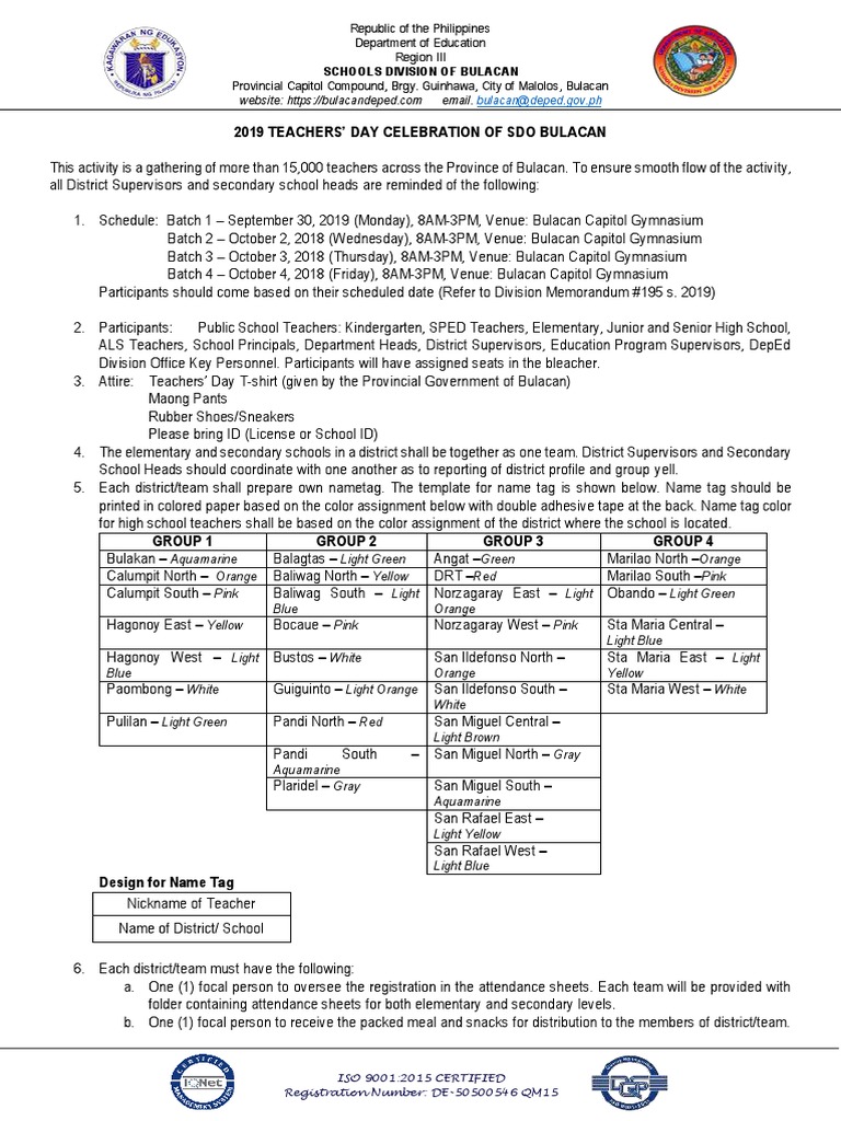 2019 SDO Bulacan Teachers Day Guidelines | PDF | Schools