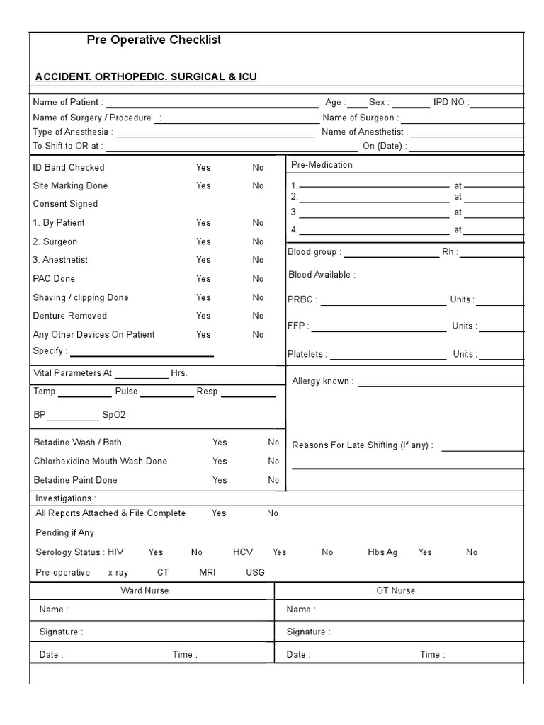 Pre & POst Operative Checklist | PDF | Surgery | Clinical Medicine
