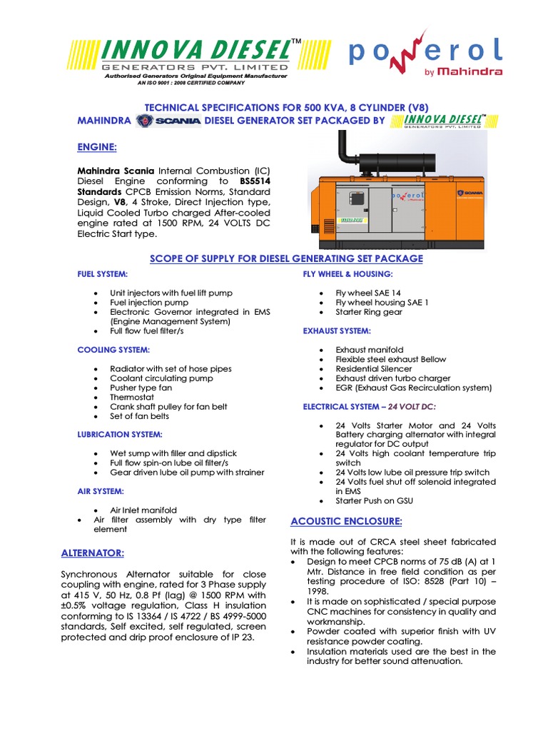 500 kVA EDG Innova Diesel | PDF | Internal Combustion Engine | Diesel Engine