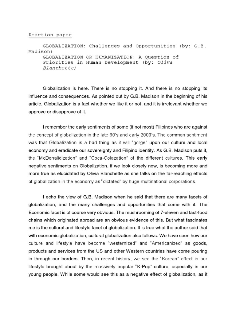Reaction Paper - Globalization | PDF | Poverty | Poverty & Homelessness