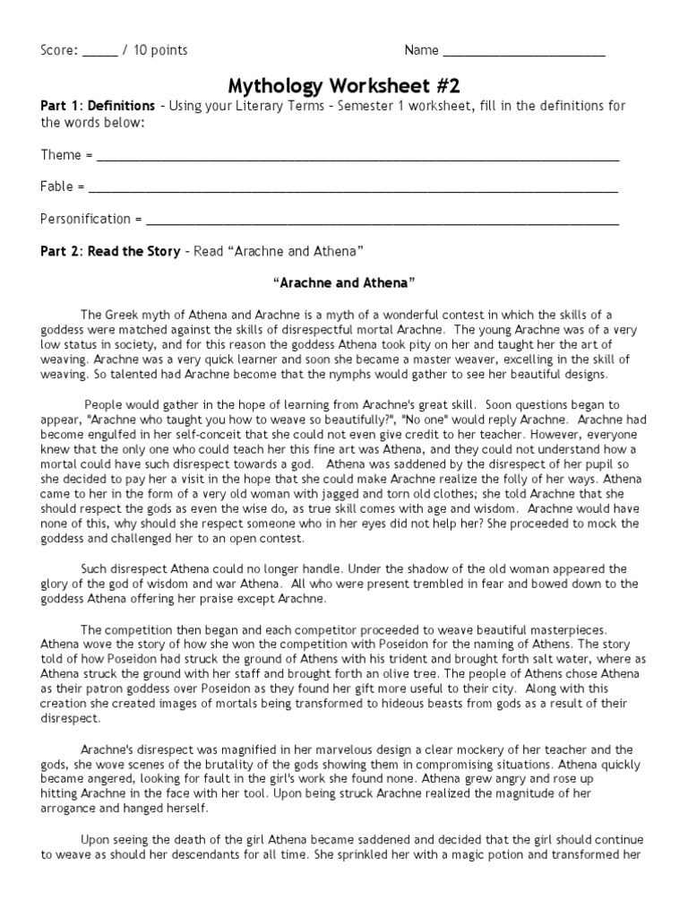 Arachne Worksheet | PDF | Athena | Mythology