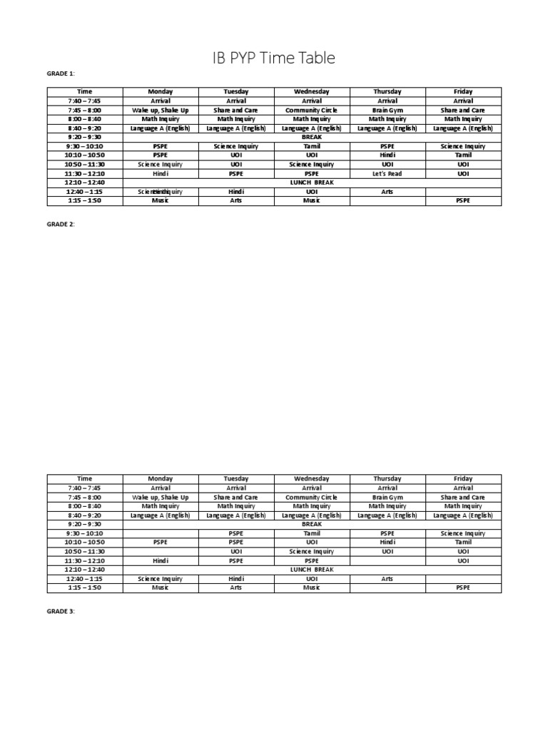 IBPYP TimeTable Sample | PDF