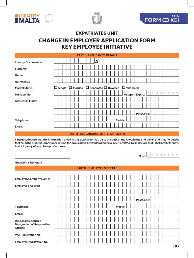 Form C3 KEI Single Work Permit Key Employee Initiative Change in Emplo ...
