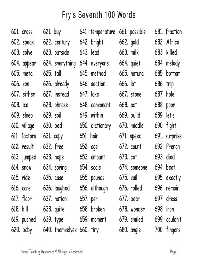 Fry's Seventh 100 Words PDF | PDF | Nature