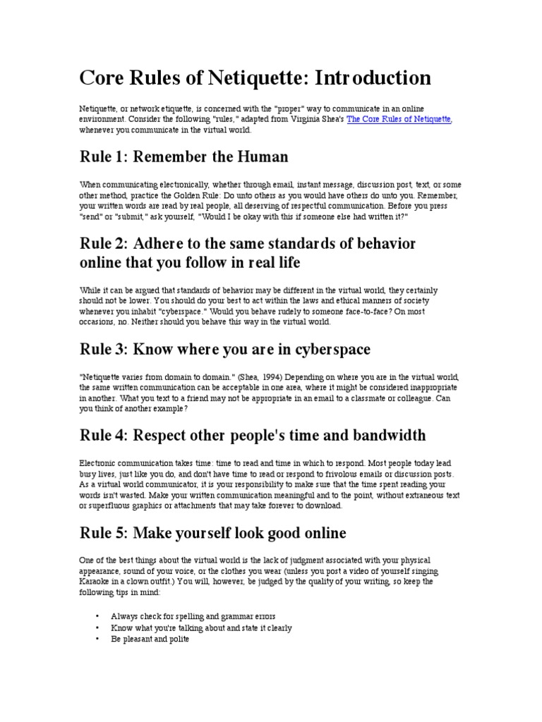 Core Rules of Netiquette | PDF | Etiquette | Virtual World