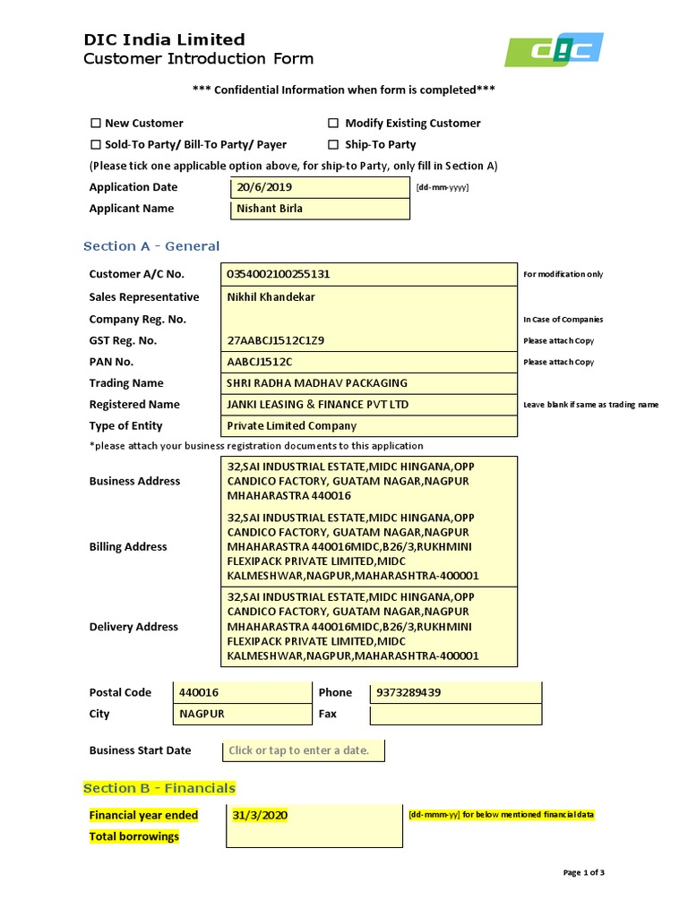 Customer Introduction Form | PDF | Business | Economies