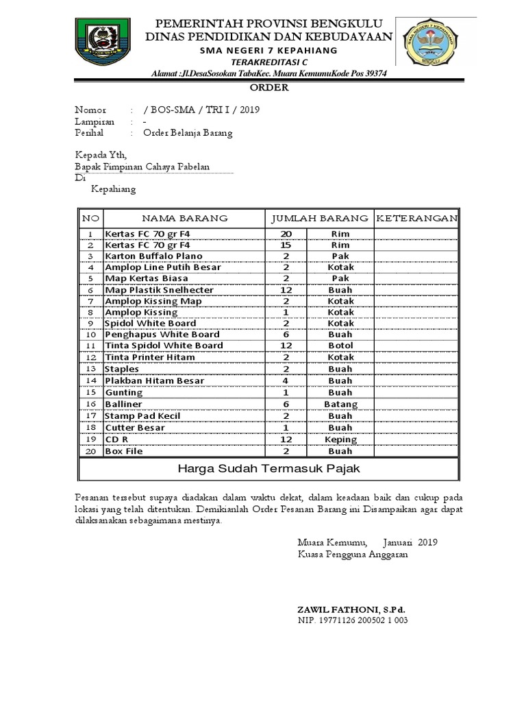 Contoh Order ATK | PDF