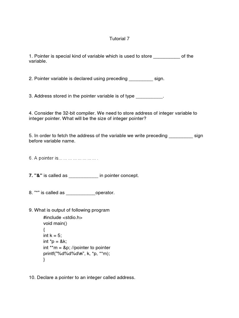 Tutorial 7 - Pointers PDF | PDF | Pointer (Computer Programming) | Theoretical Computer Science