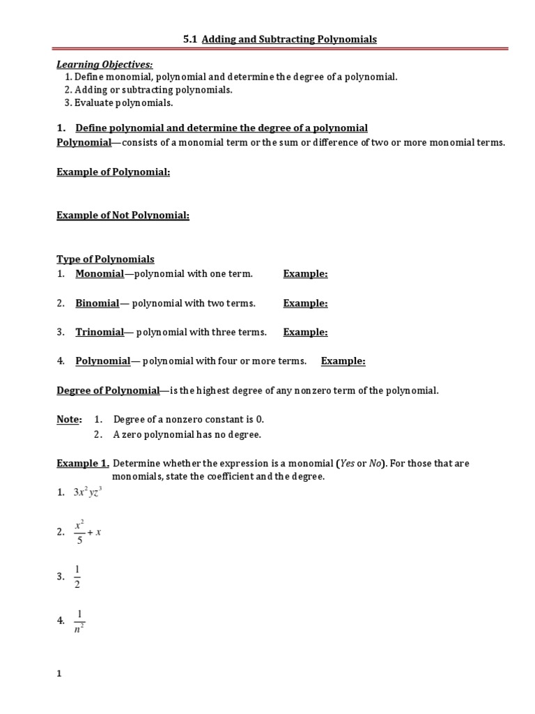 5.1 Adding and Subtracting Polynomials | PDF | Polynomial | Algorithms