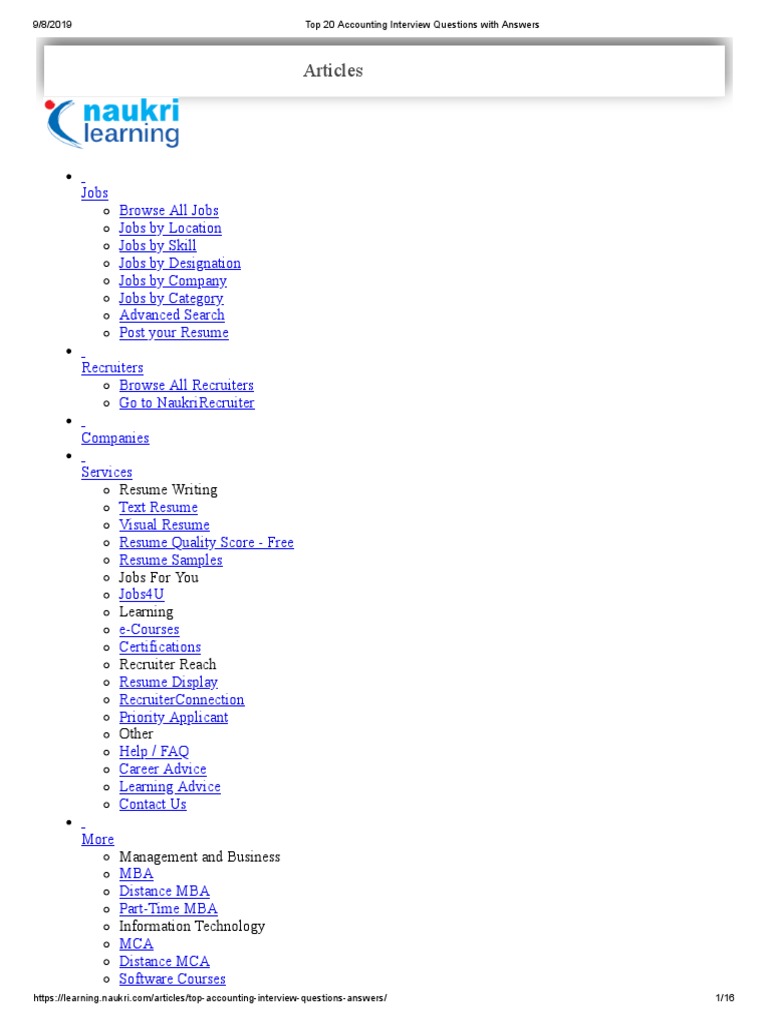 Top 20 Accounting Interview Questions With Answers | PDF | Debits And ...