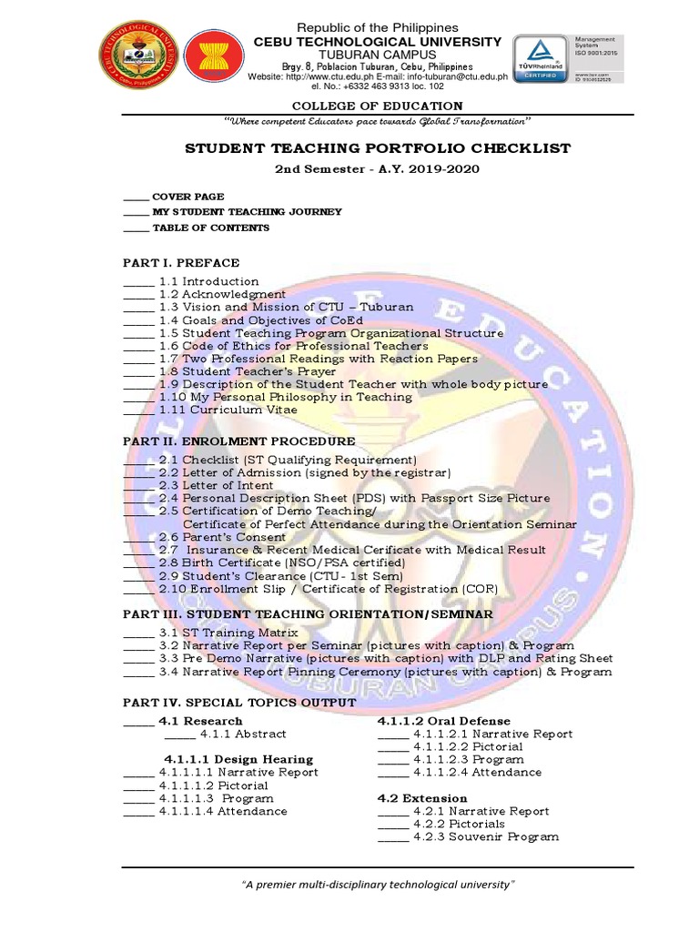 ST Portfolio Checklist 2020 | PDF | Lesson Plan | Teaching