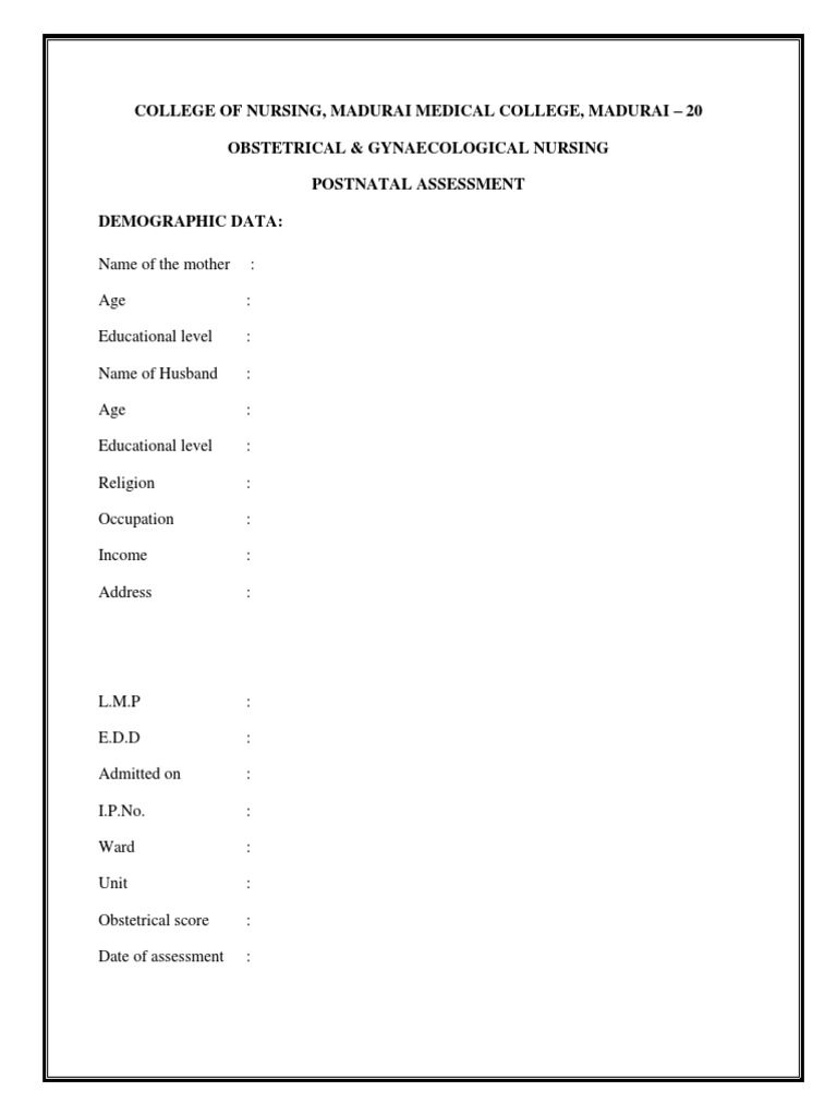 Postnatal Assessment Format | PDF | Postpartum Period | Childbirth