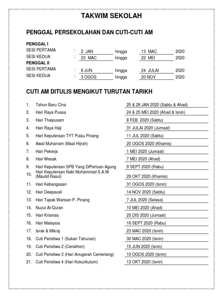 Takwim Sekolah 2020 | PDF