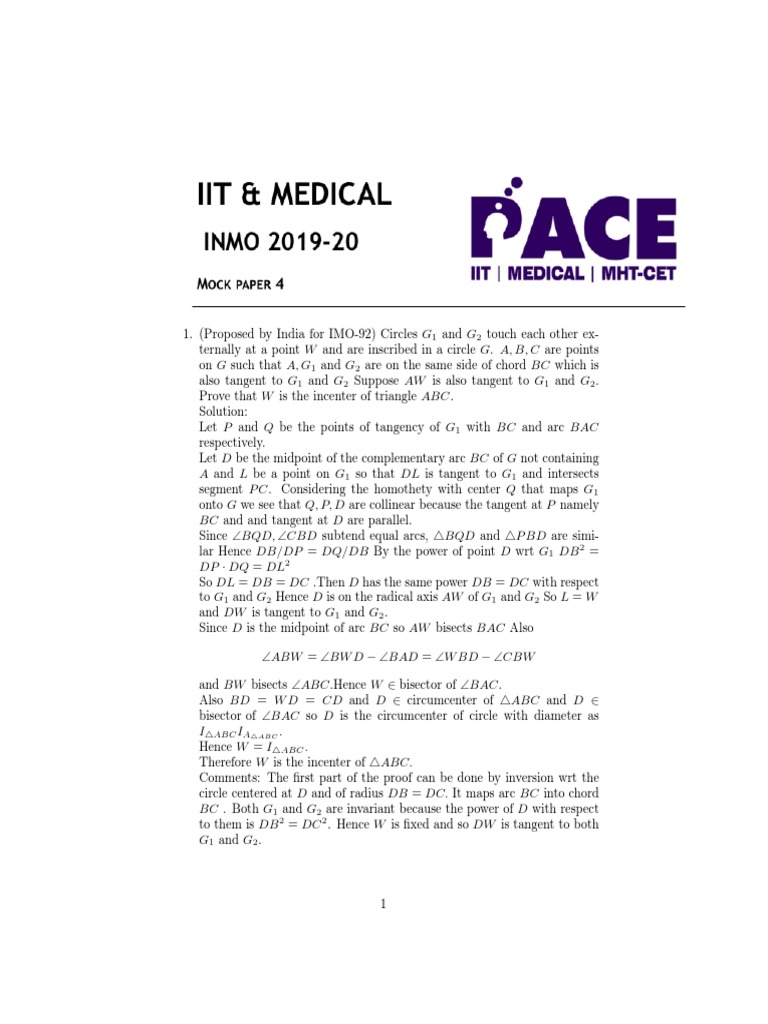 INMO Mock Paper 4 Sol - 2019 Dec PDF | PDF | Geometry | Euclidean Plane ...