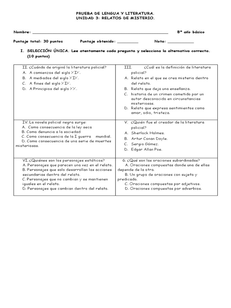 Prueba Unidad 3 Relatos de Misterio 8° | PDF | Sherlock Holmes | Dr. Watson
