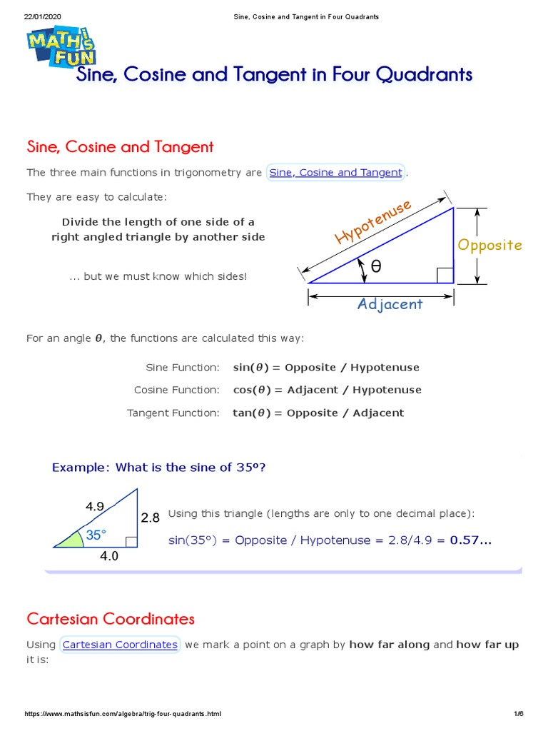 Sine, Cosine and Tangent in Four Quadrants | PDF | Trigonometric ...
