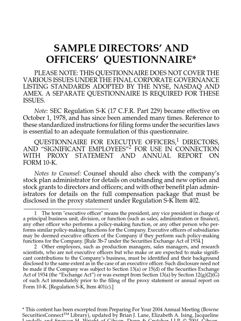 D&O Questionnaire | PDF | Regulation S K | Stocks