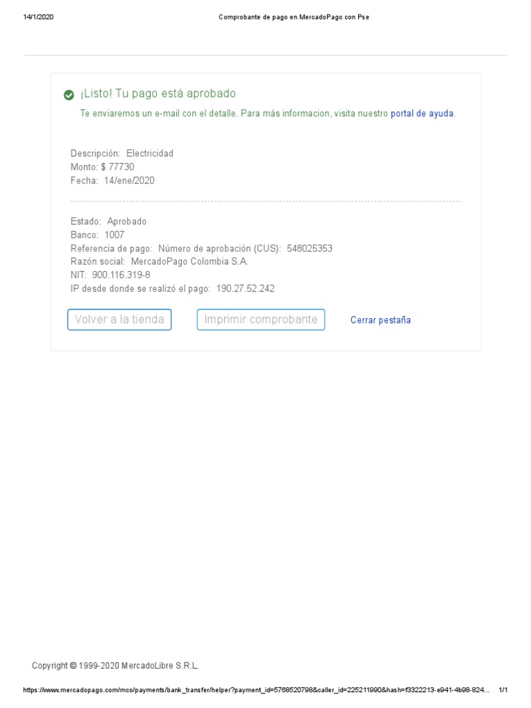 Comprobante de Pago en MercadoPago Con Pse PDF | PDF
