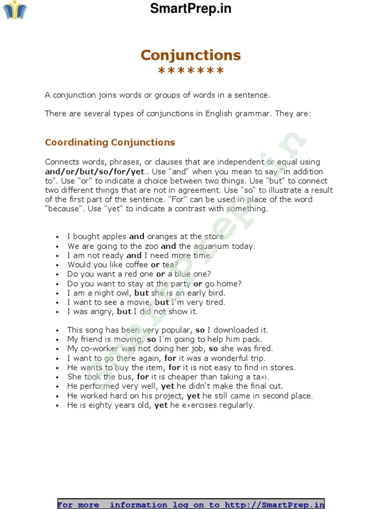 Conjunctions General English Grammar Material PDF Download For ...