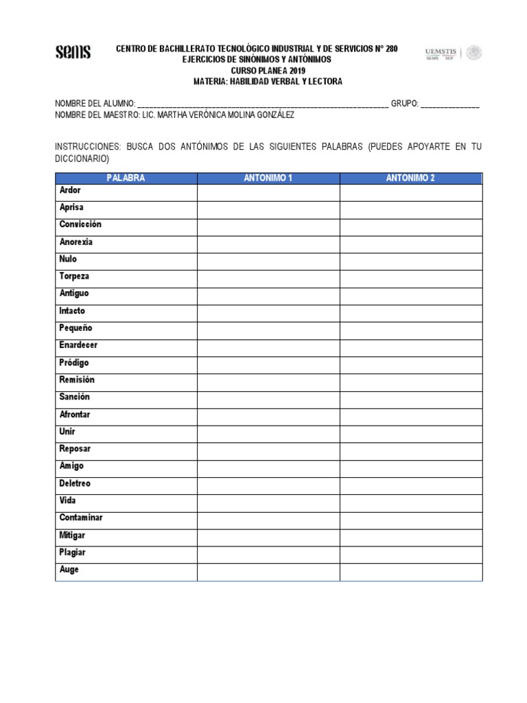 Hojas De Trabajo De Sinónimos Y Antónimos En Formato Pdf