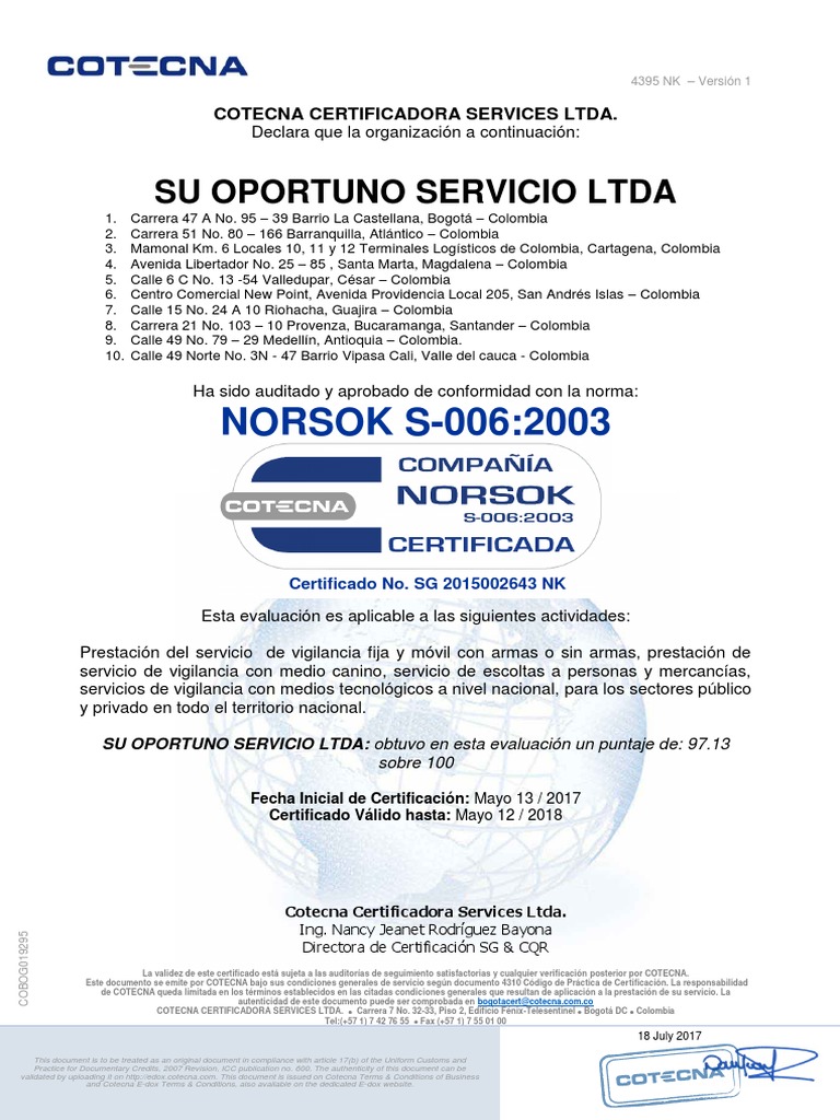 CERTIFICADO NORSOK S006 2003 Cotecna | PDF | Colombia