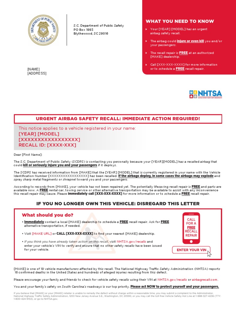 SC Sample Safety Recall Letter | PDF | National Highway Traffic Safety ...
