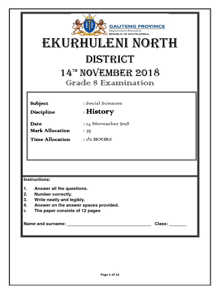 Grade 8 History Exam Paper November 2018 | PDF | Suffragette | Unrest