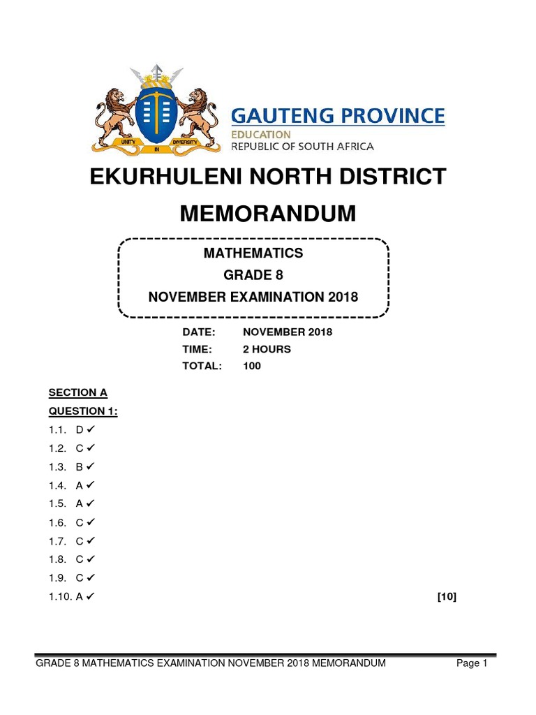 Mathematics Memorandum Grade 8 November 2018 | PDF | Triangle ...