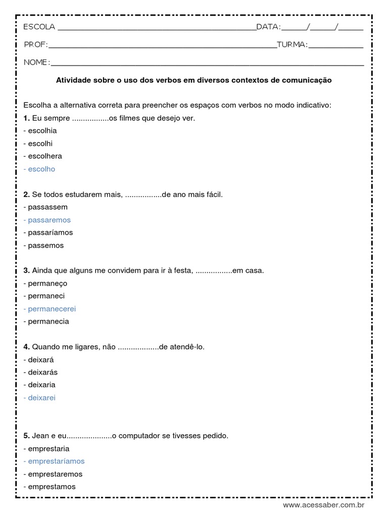 Atividade de Português Atividade de Formas Verbais 7 Ano Com Respostas ...