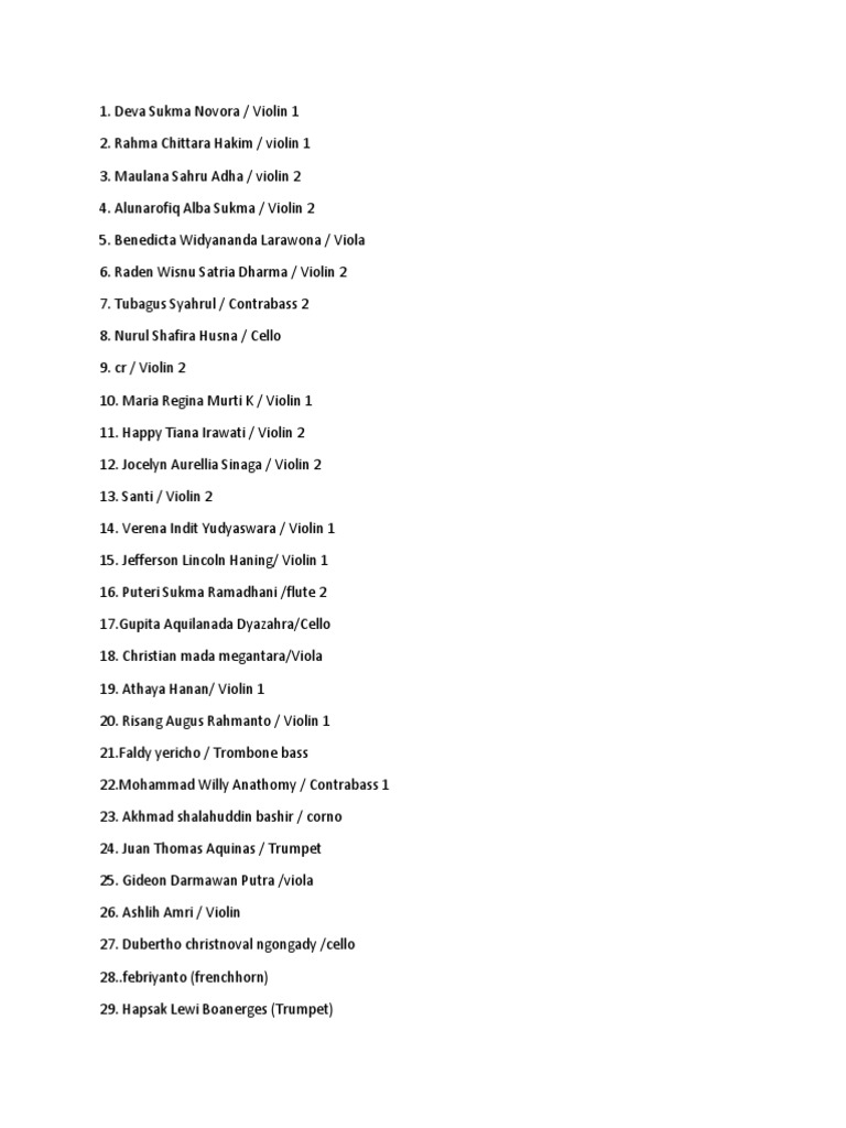 Player Names and Instruments List | PDF | Aerophones | Bowed Instruments