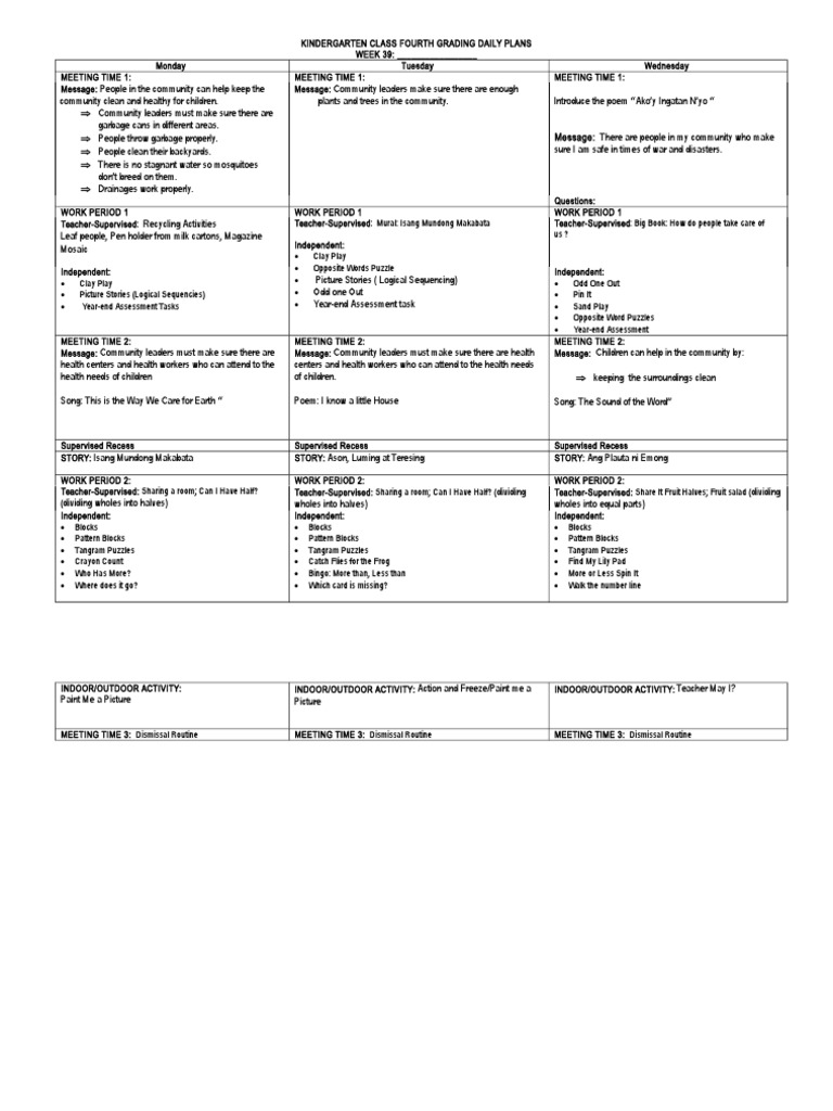 Kindergarten Lesson Plan Week 39 | PDF | Syllable | Drawing