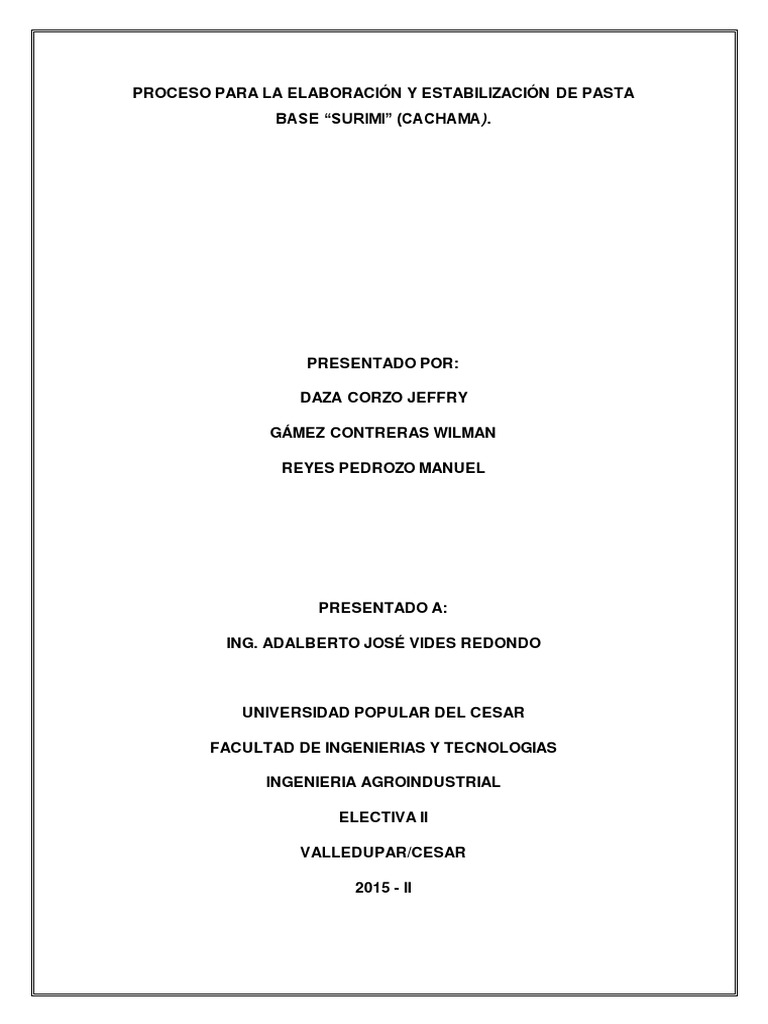 Proceso para La Elaboracin de Surimi A Partir de Cachama SSP ...