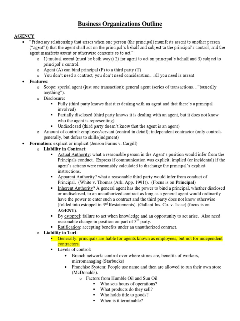 Business Organizations Outline | PDF | Law Of Agency | Partnership