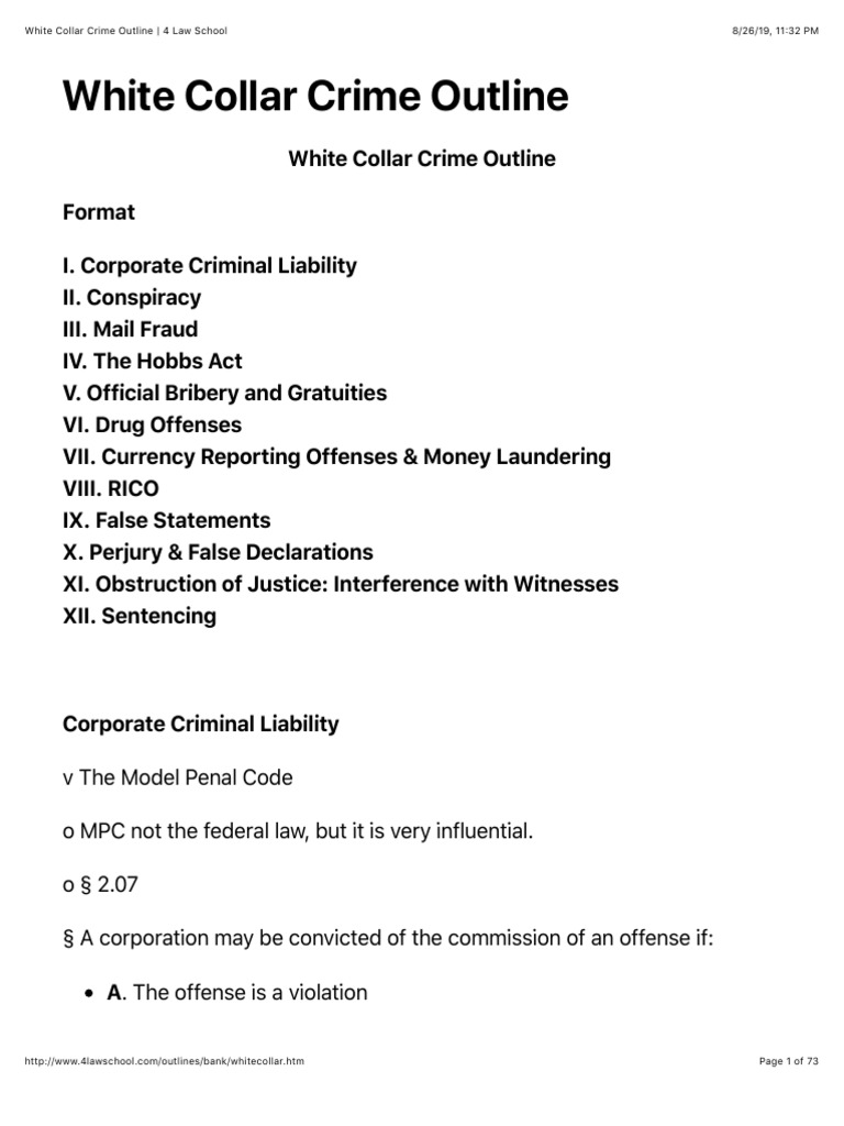 White Collar Crime Outline - 4 Law School PDF | PDF | Mail And Wire ...