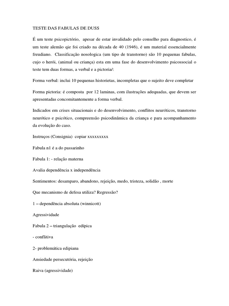 Teste Psicopictório das Fábulas de Duss | PDF | Agressão | Complexo de ...