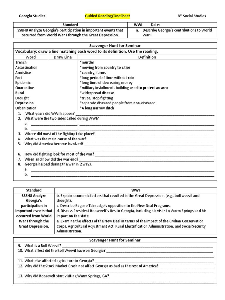 ss8h8 Wwi and Georgia | PDF | World War I | New Deal