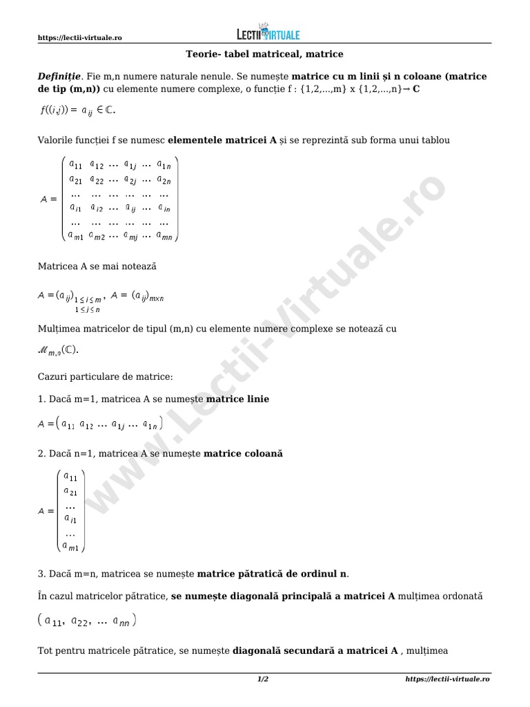 Lectii-Virtuale - Ro - Teorie - Tabel Matriceal, Matrice PDF | PDF