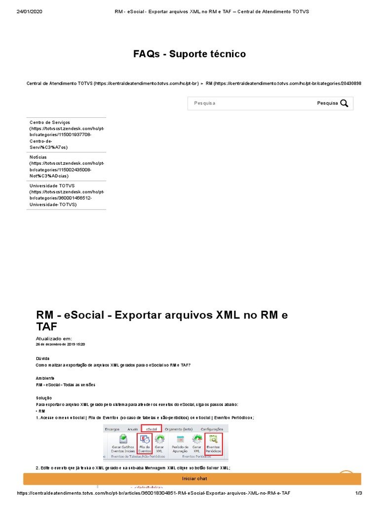RM - Esocial - Exportar Arquivos XML No RM e TAF - Central de Atendimento TOTVS | PDF ...