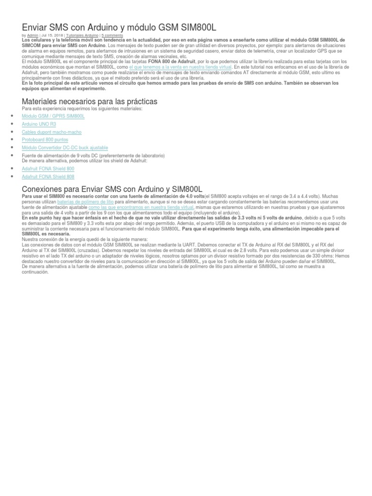 Enviar SMS Con Arduino y Módulo GSM SIM800L | PDF | Gsm | Arduino