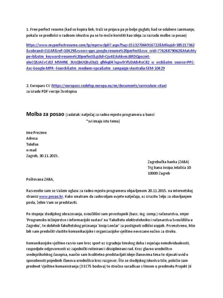 Primjer Molbe Za Posao I Linkovi Za EuropassCV ºivotopis | PDF