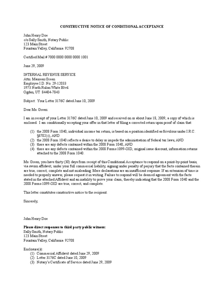 Conditional-Acceptance - LTR3176C | PDF | Affidavit | Notary Public
