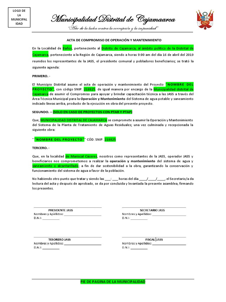 Acta de Compromiso de OyM | PDF | Agua y política | Suministro de agua