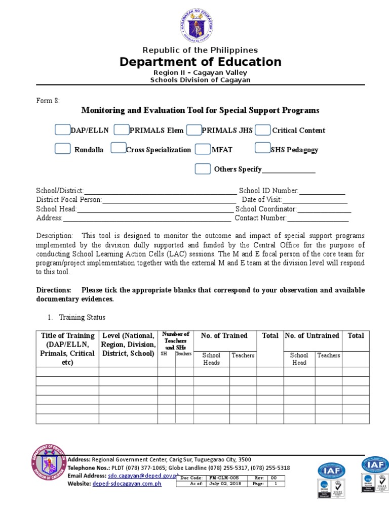 FM CLM 005 Monitoring and Evaluation Tool For Special Support Programs ...