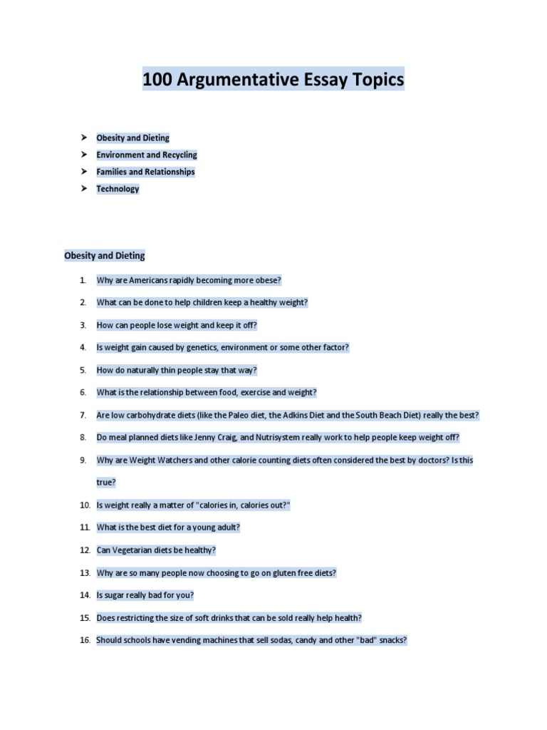 100 Argumentative Essay Topics PDF | PDF | Dieting | Obesity