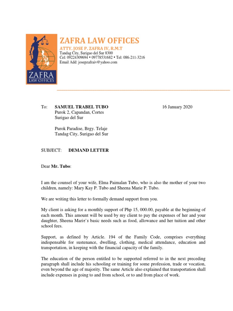Demand Letter For Support | PDF | Justice | Crime & Violence