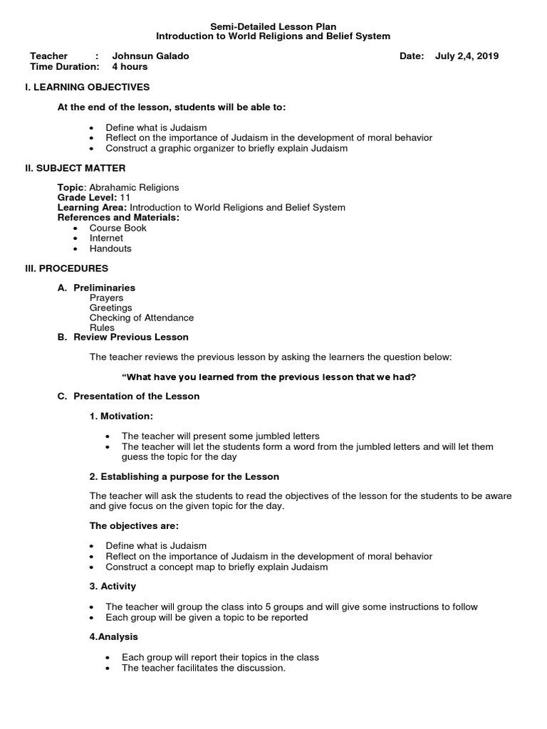 Judaism Lesson Plan Overview | PDF | Lesson Plan | Teachers