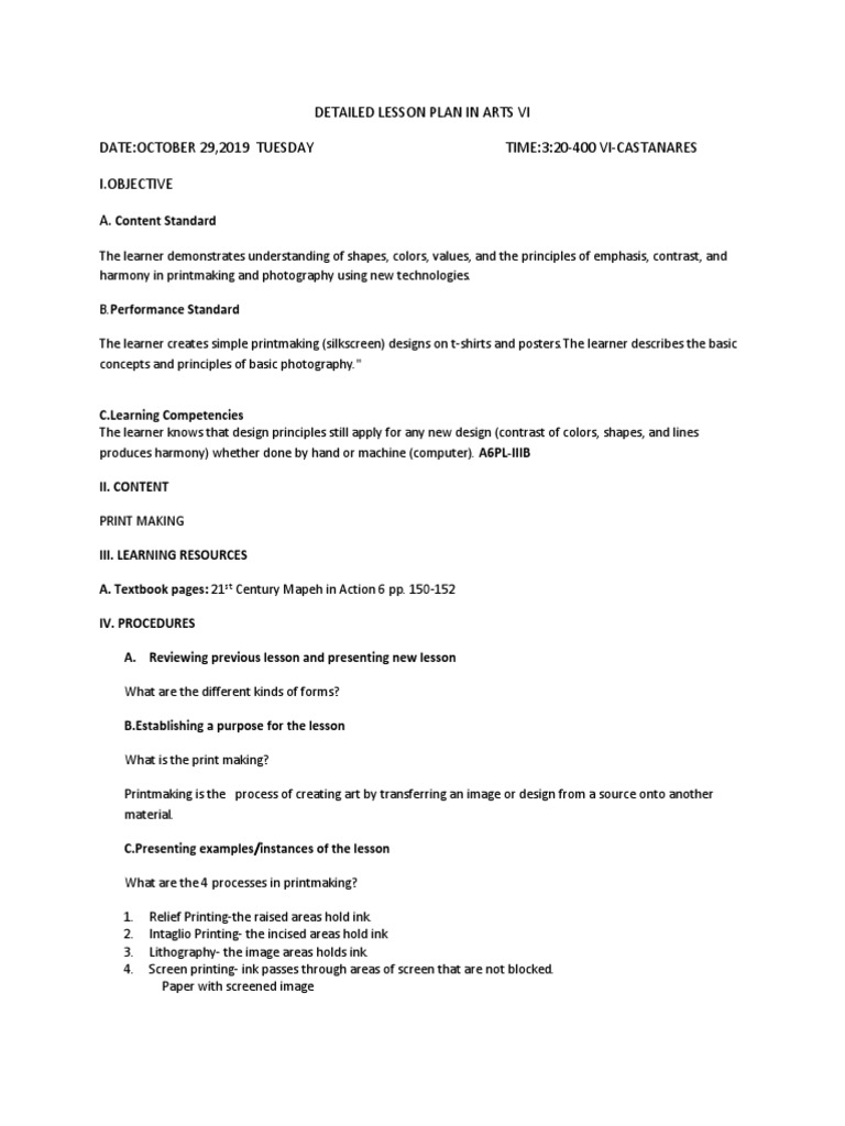 Detailed Lesson Plan in Arts Vi Oct 29 | PDF | Printmaking | Behavior ...